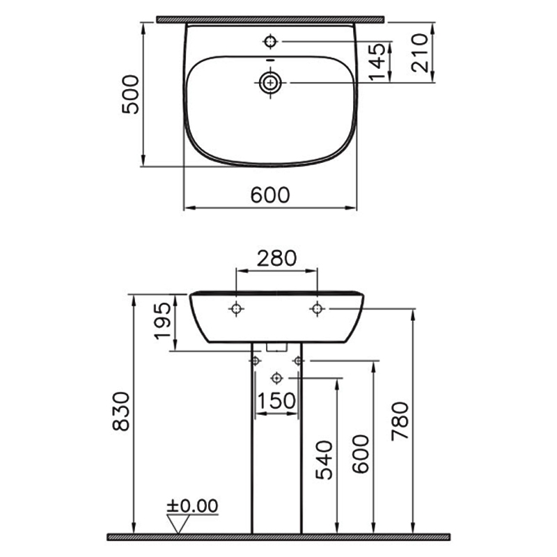 Vitra Zentrum Full Pedestal Basin | 7276L003-0001+6408L003-0156 | 600mm ...