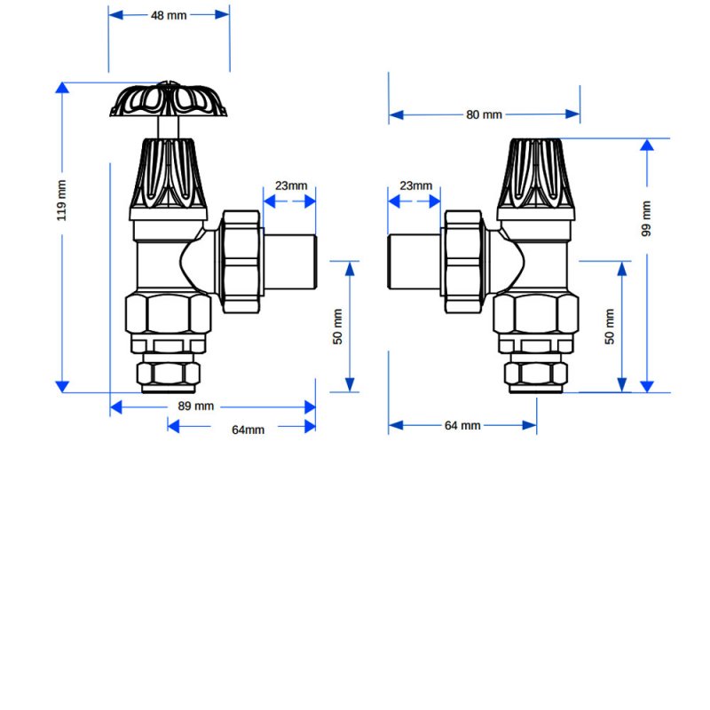 West Radiators Abbey Radiator Valves | ABB-MAN-PW | Angled | Light Pewter